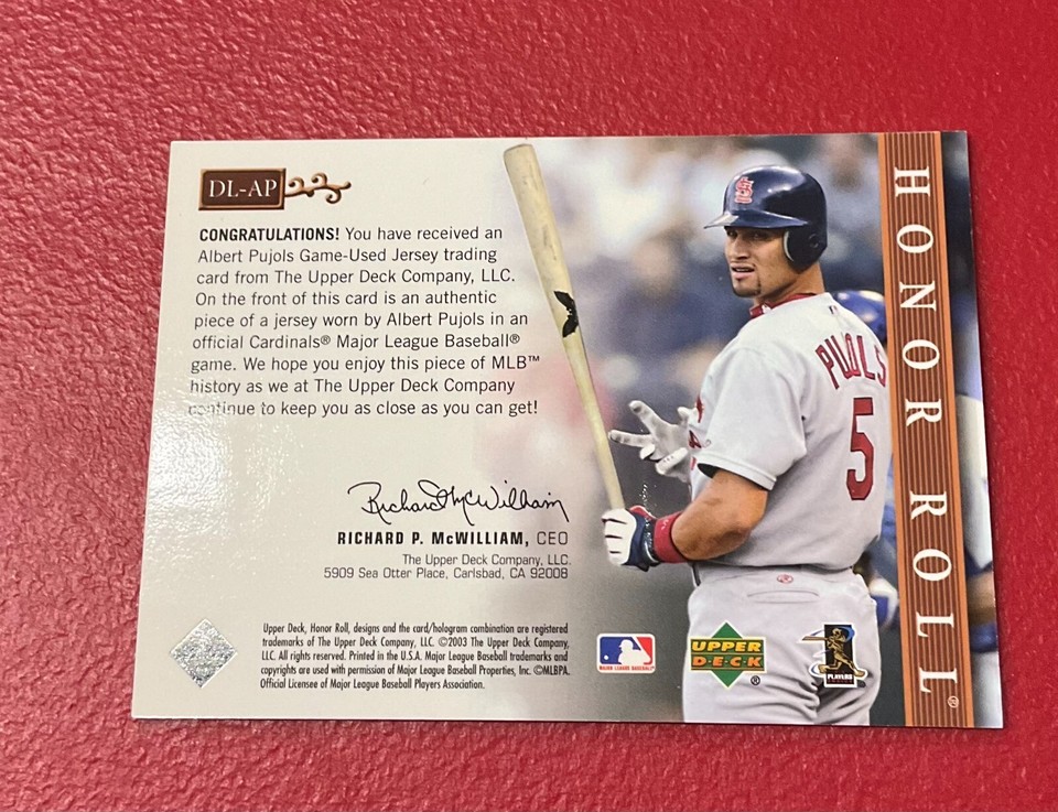 2003 Upper Deck Honor Roll Deans List Alber Pujols Game Used Jersey #DL ...