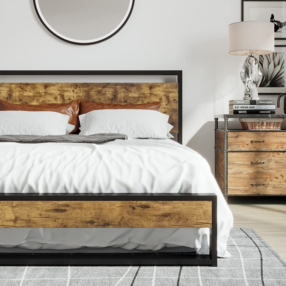 Queen Heavy Duty Platform Metal Bed Frame with Wooden Headboard,Rustic ...