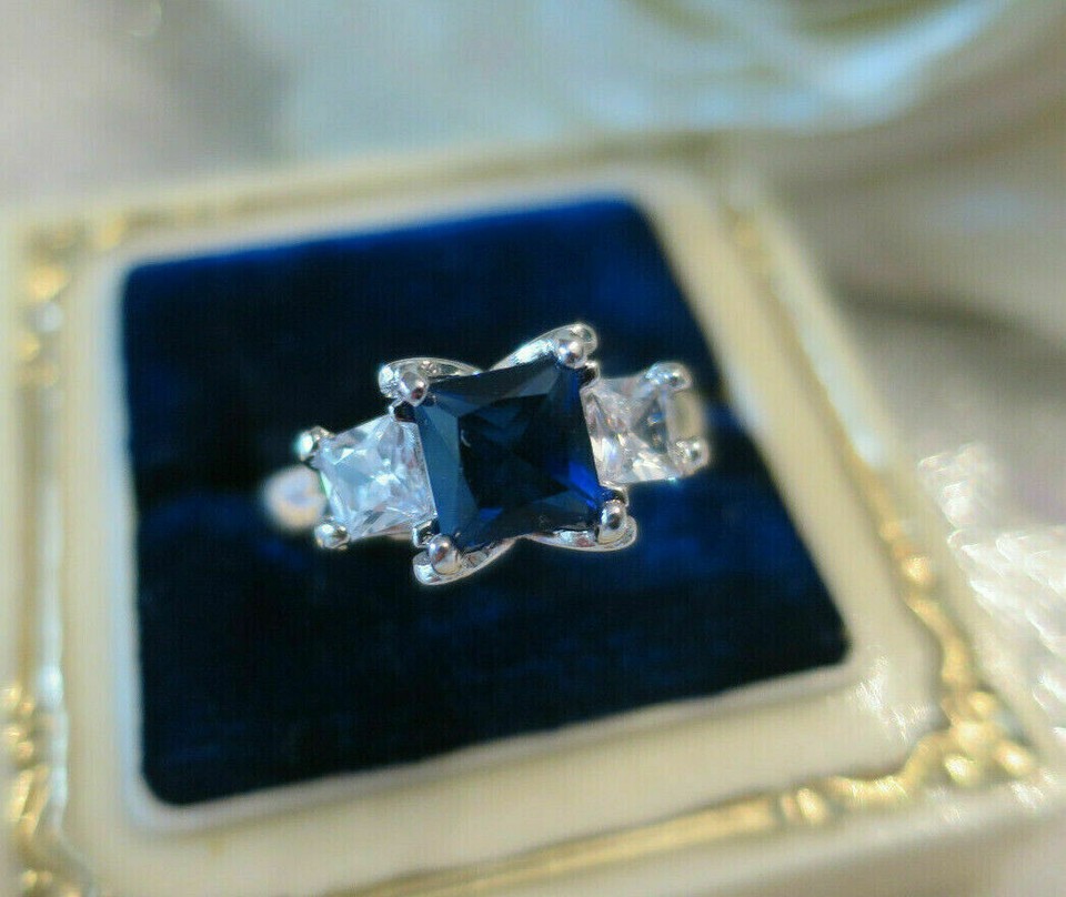 Lab Created Princess Blue & White Three Stone Womens Engagement High ...