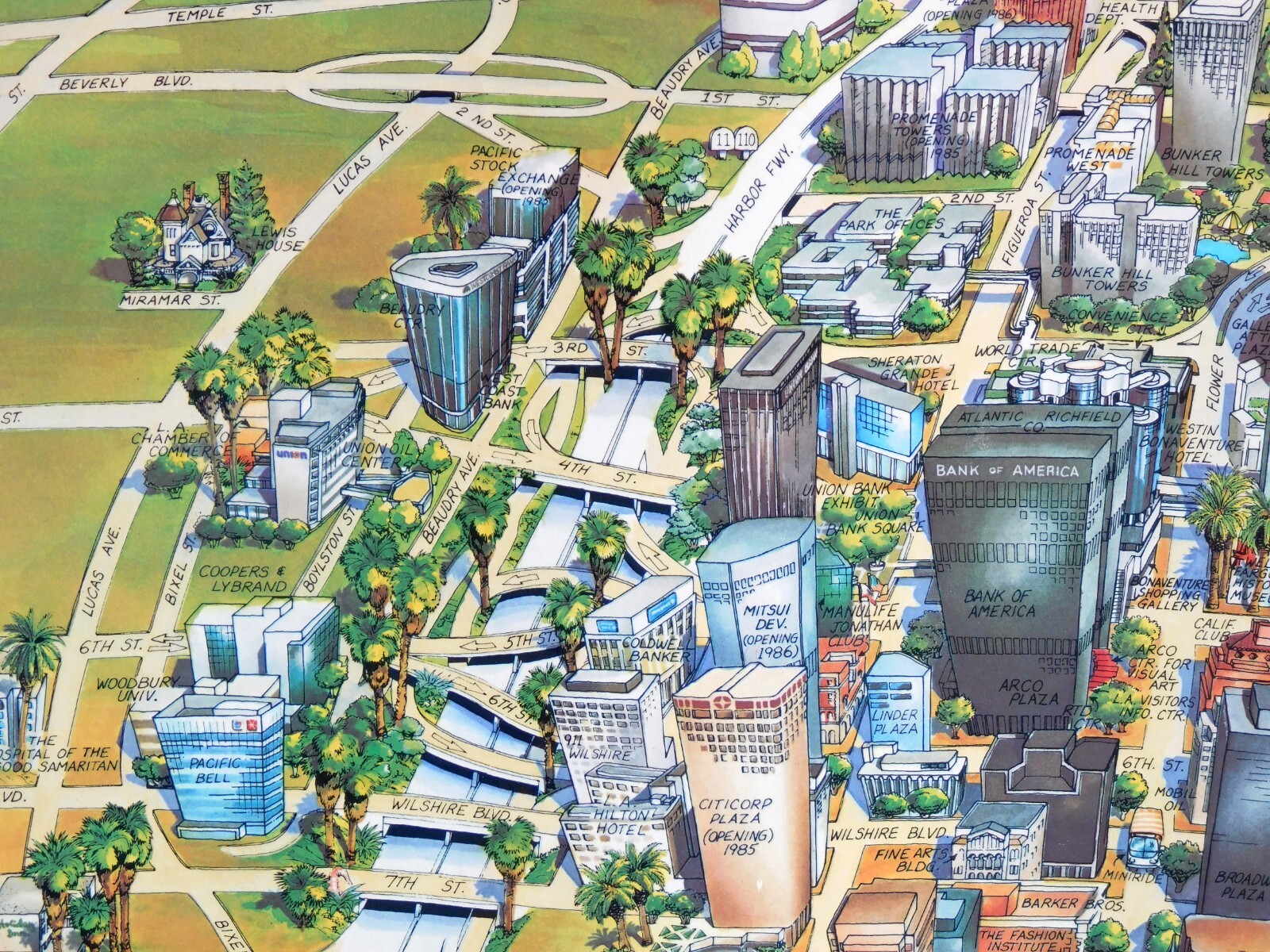 VTG 1984 Cartoon Map of DOWNTOWN LOS ANGELES LARGE Amazing LAMINATED ...