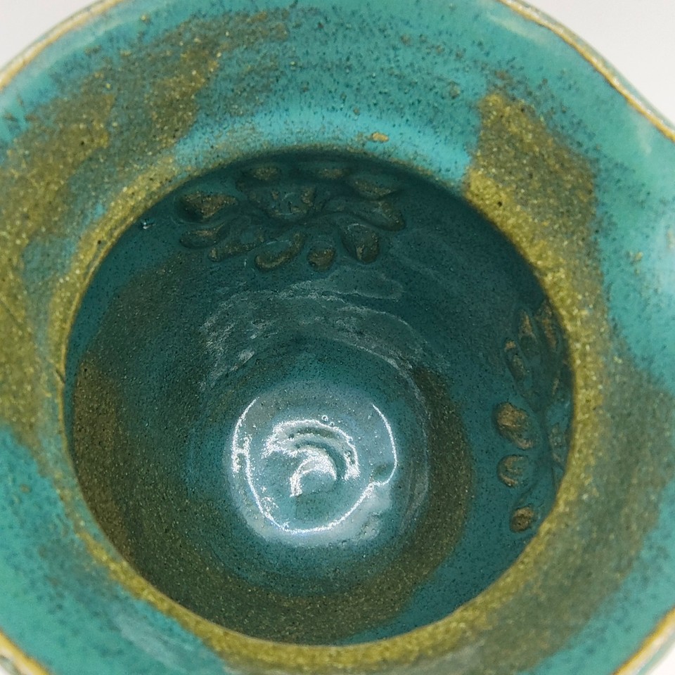 Artisan Rustic Farmhouse Pitcher with Flower Blue-Green Glaze B & J ...