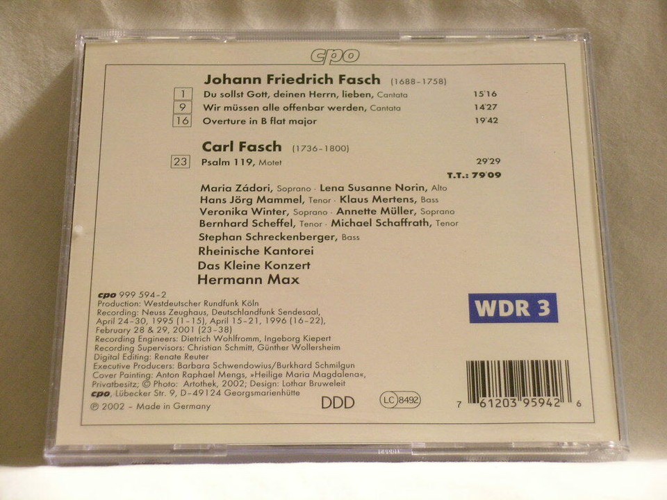 CARL & JOHANN FRIEDRICH FASCH Cantatas Maria Zadori Hermann Max CPO CD ...