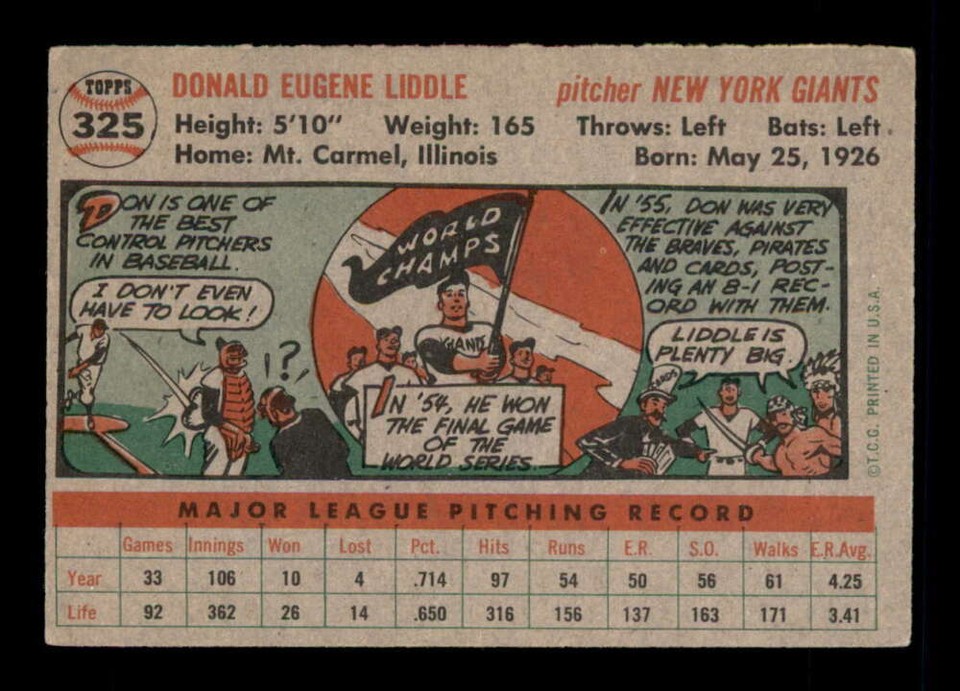 1956 Topps #325 Don Liddle VG/VGEX X3114595 | eBay