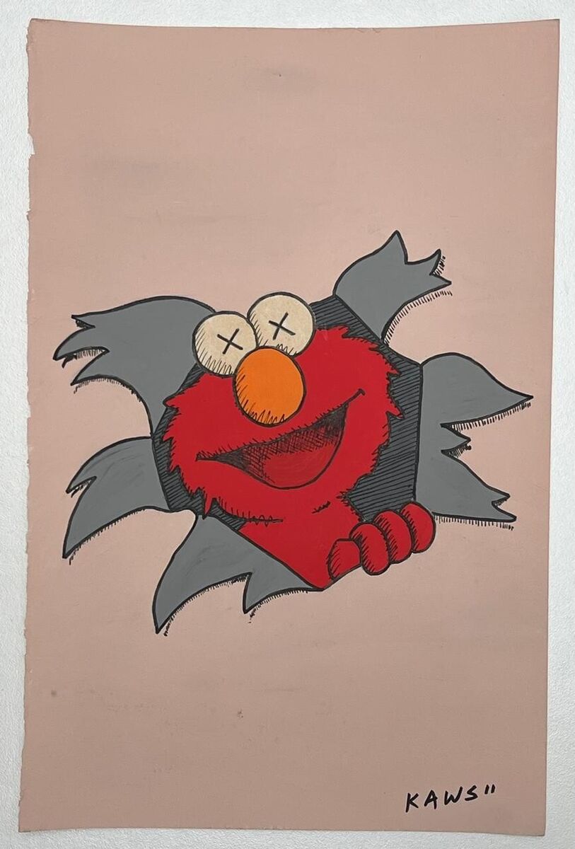 KAWS (Handmade) Drawing On old Paper Signed Mixed Media, Vtg KAWS (Handmade) Drawing On old Paper Signed Mixed Media, Vtg