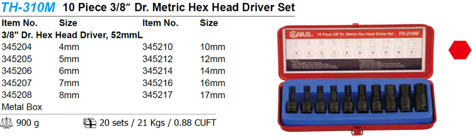 Genius Tools 10 Piece 3/8” Dr. Metric Hex Head Driver Set TH-310M | eBay