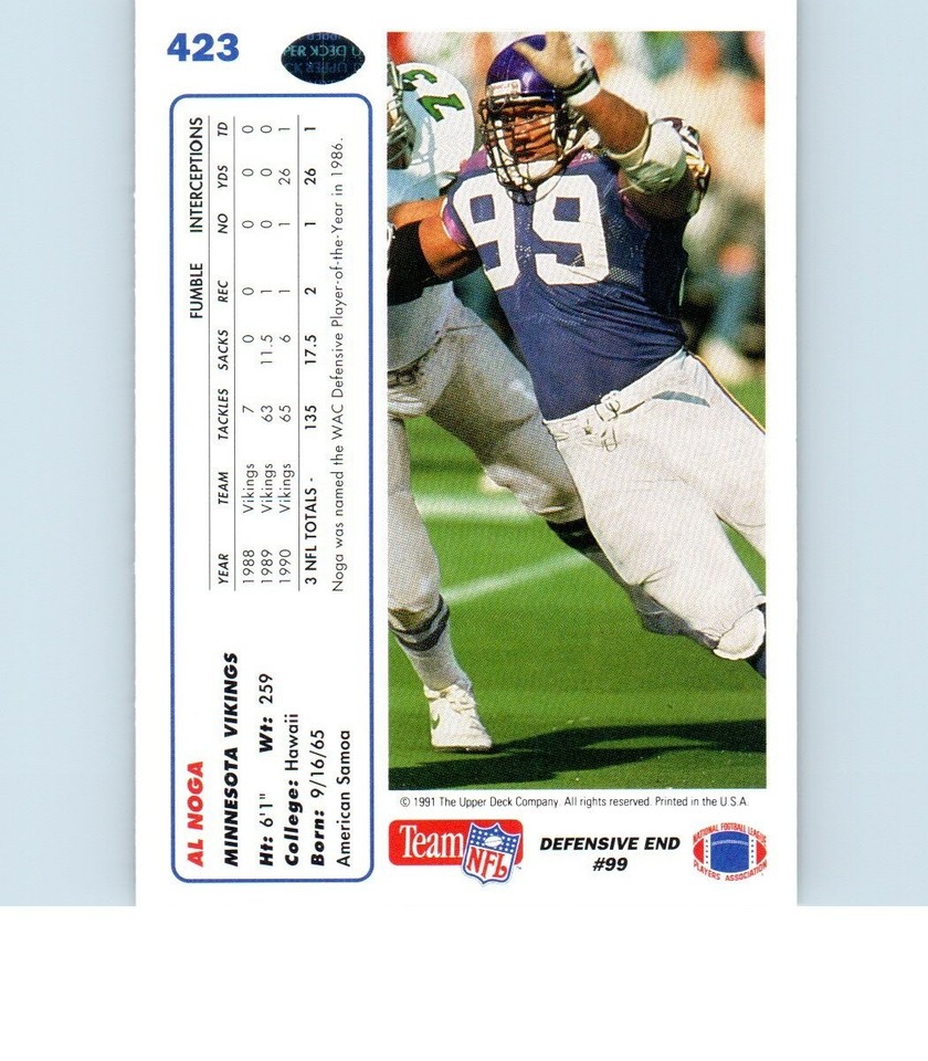 Al Noga 423 Vikings 1991 Upper Deck NFL Football Trading Card | eBay