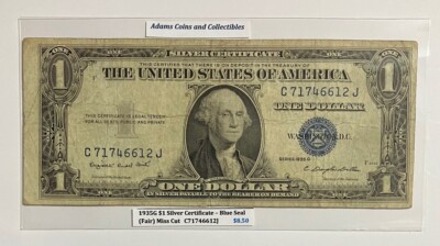1935G U.S. $1 Silver Certificate Bank Note w/Blue Seal - Washington, DC ...