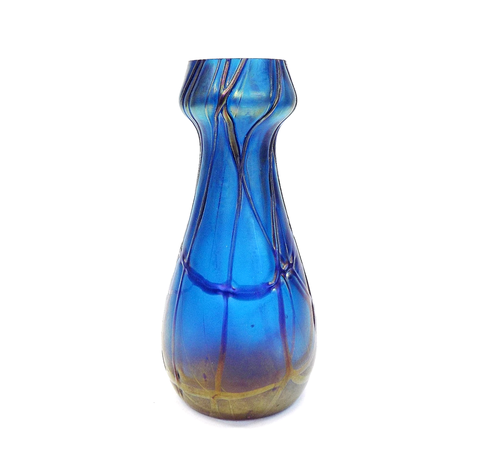 Gorgeous Antique Pallme Konig Threaded Blue Iridescent Art Glass Vase ...