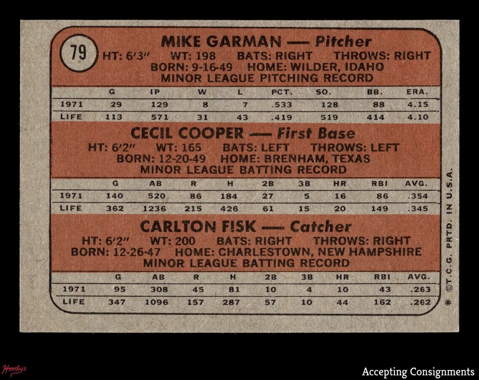 1972 Topps #79 Rookie Stars Mike Garman, Cecil Cooper, Carlton Fisk RC ...