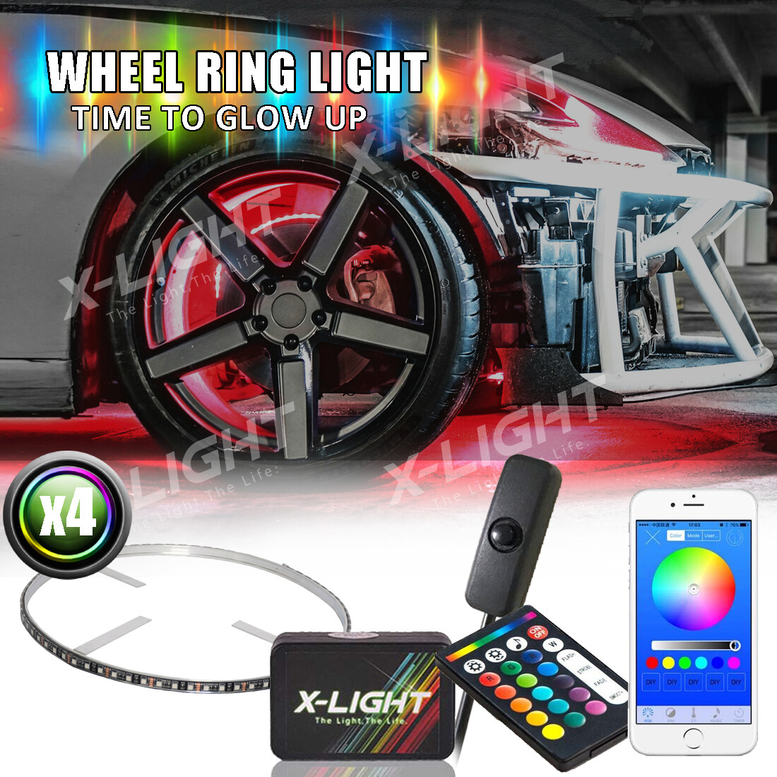 Bluetooth 4pc 15in LED Wheel Ring Light Car/Truck Kit w/ Red Brake Mode ...