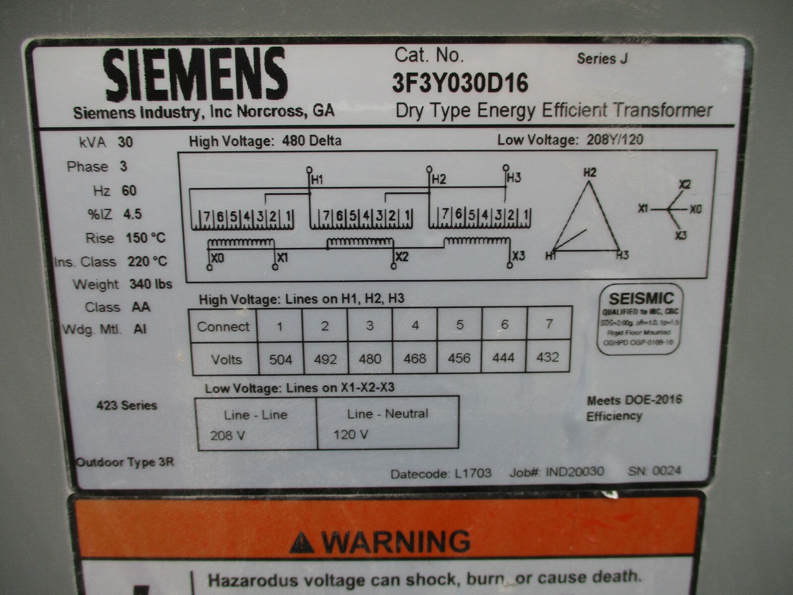 Square D 30KVA Transformer 480X120/208V 3PH N3R 3F3Y030D16 T1759 ...