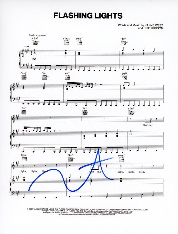 Kanye West Signed Autograph "Flashing Lights" Sheet Music 8.5x11 Ye Rap ...