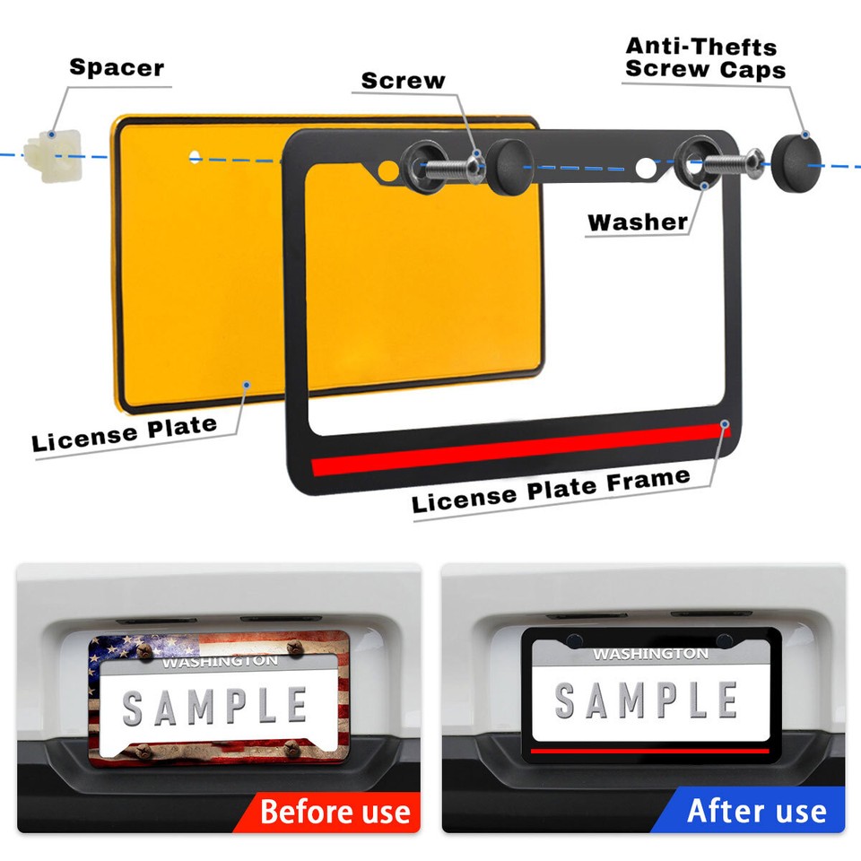 2 Red Line Car SUV License Plate Frame Firefighter Metal Tag Cover for ...