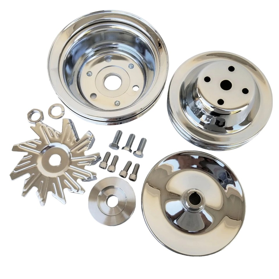 Small Block Chevy Chrome 4 Pulley Set SBC 2 groove LONG pump 305 350 ...