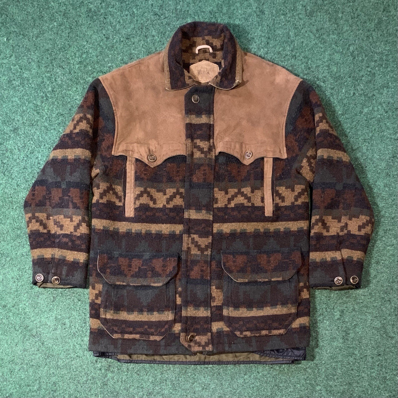 Vintage Woolrich Aztec Wool Leather Jacket Medium Barn Saddle Chore ...