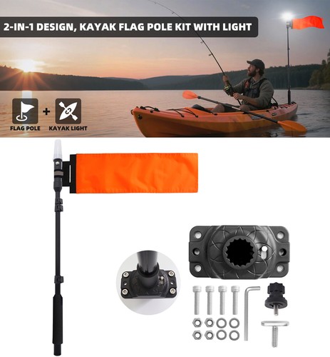 Kayak LED 360 Light Safety Flag Pennant Pole Kit For Canoe Boat Fishing ...