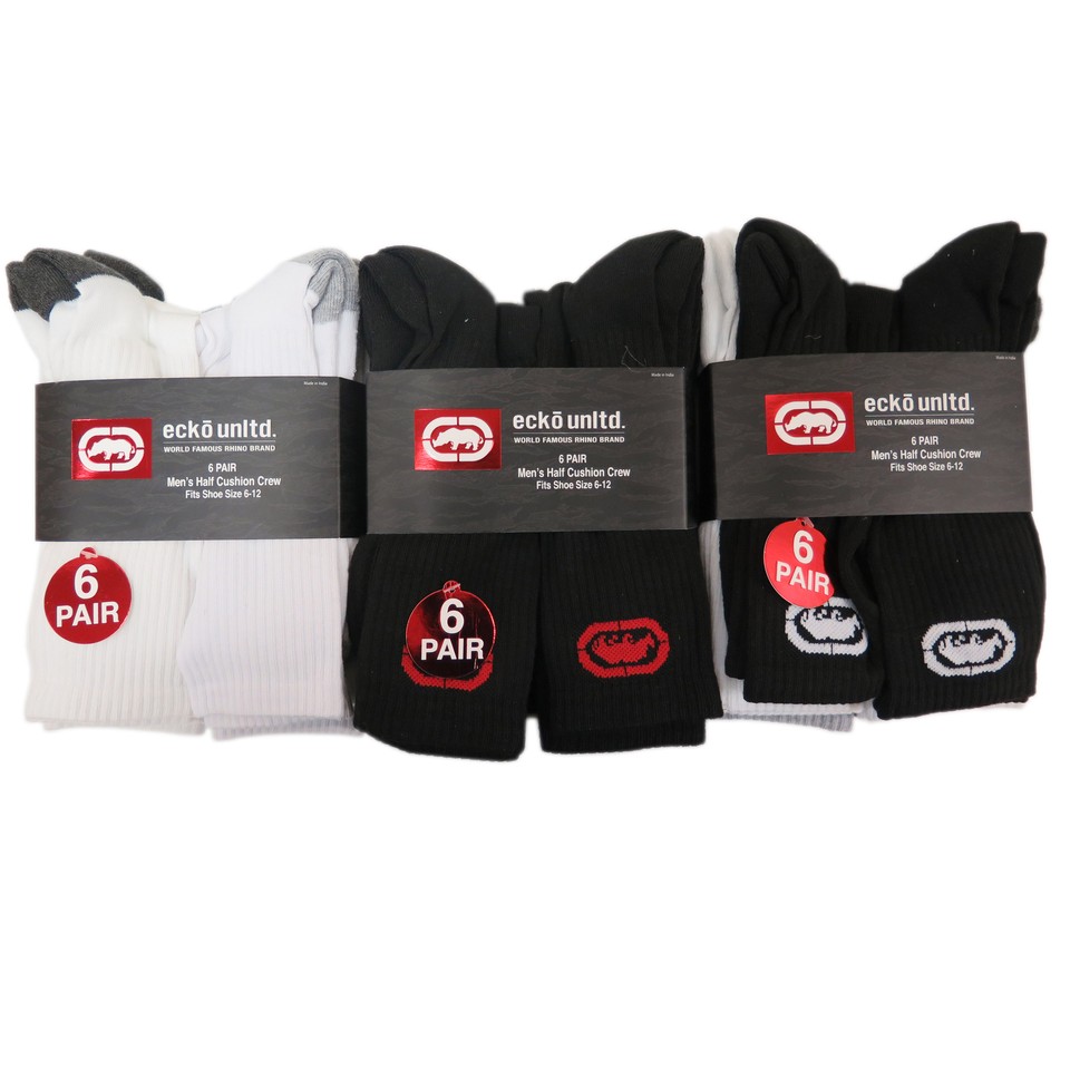 Ecko Unltd. Men's Half Crew Cushion Athletic Socks White-Black-Gray 6 ...