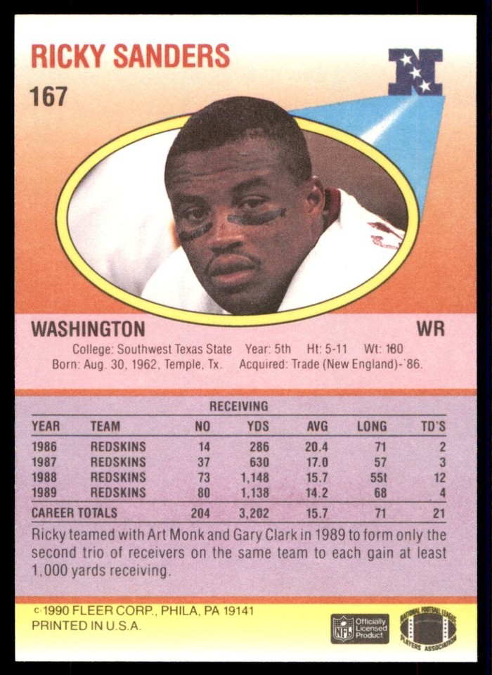 1990 Fleer Ricky Sanders Washington Redskins #167 | eBay