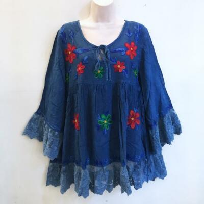 Sacred Threads Hippie Boho Festival Lace Trim Empire Waist Smock Top ...