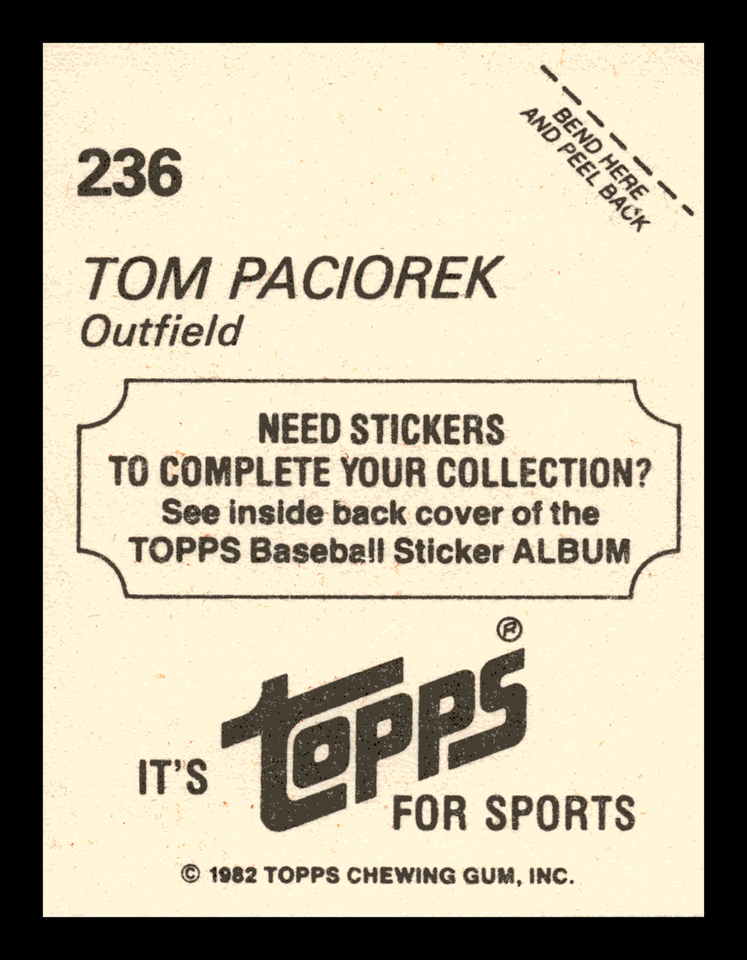1982 Topps Stickers Tom Paciorek Seattle Mariners #236 Near Mint NM | eBay
