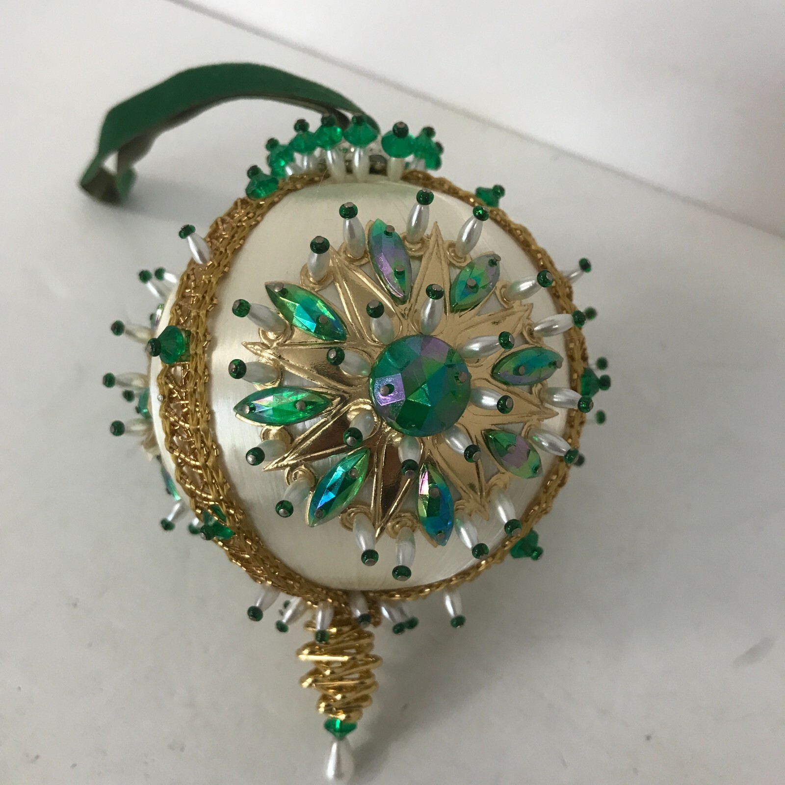 Vintage Handmade Ball Ornament Satin Green Jewels Pearls Gold Trim 4 ...