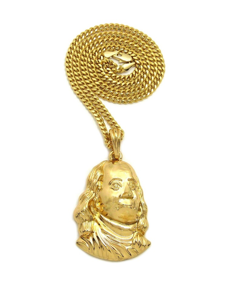 NEW BENJAMIN FRANKLIN PENDANT & 24" BOX/CUBAN/ROPE CHAIN NECKLACES ...