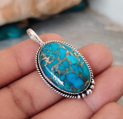 Blue Copper Turquoise Gemstone Pendant 925 Sterling Silver Natural ...