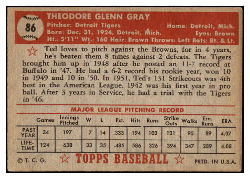 1952 TOPPS # 86 TED GRAY TIGERS VG-EX SET BREAK 488068 (KYCARDS) | eBay