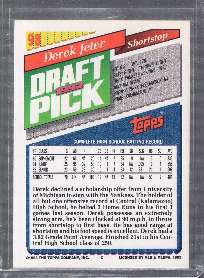 1993 Topps Derek Jeter 1992 Draft Pick Rookie Card RC #98 New York ...