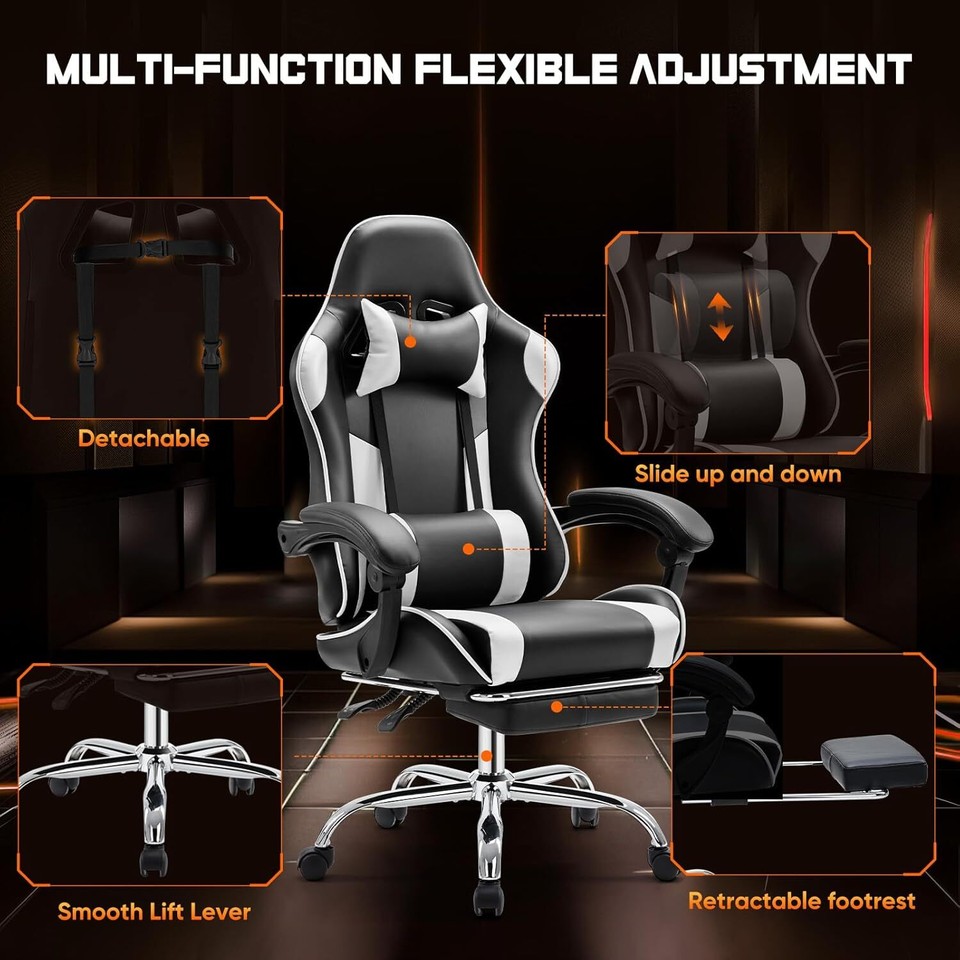 Luxury Gaming Chair PU Leather Ergonomic Reclining Chair w/ Wheels and ...