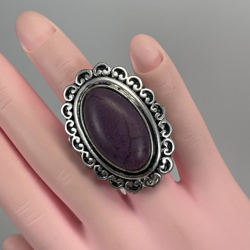 Purple Howlite Gemstone Oval Statement Silver Tone Stretch Ring Art ...
