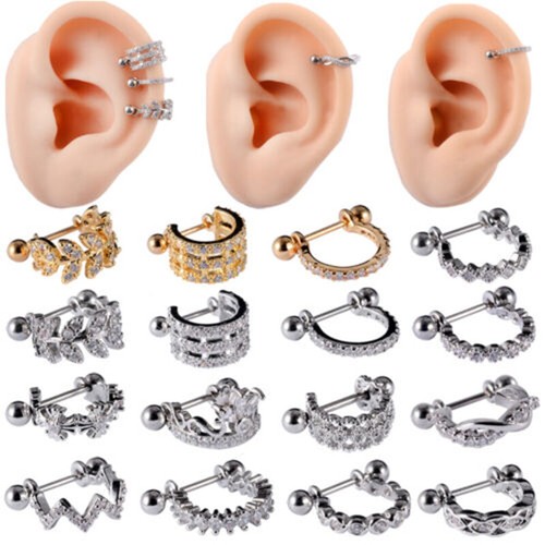 Steel Barbell CZ Hoop Earring Ear Stud Ear Tragus Cartilage Helix Lobe ...