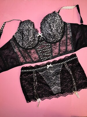 Victoria's Secret longline XL 38D,M-DD 36DD BRA SET+garter skirt BLACK ...