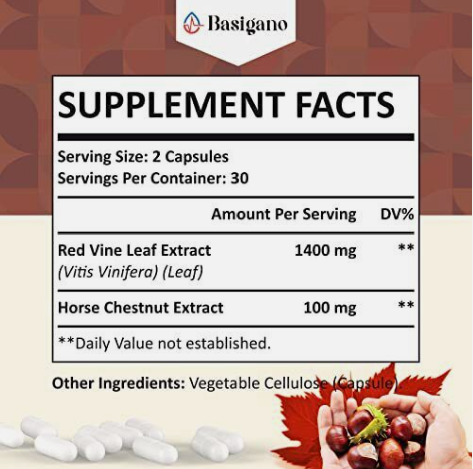 Red Vine Leaf & Horse Chestnut Extract Capsule Supplements (Vitis ...