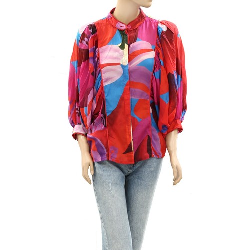 Farm Rio Anthropologie Watercolor Floral Blue Long Sleeve Blouse Top S ...