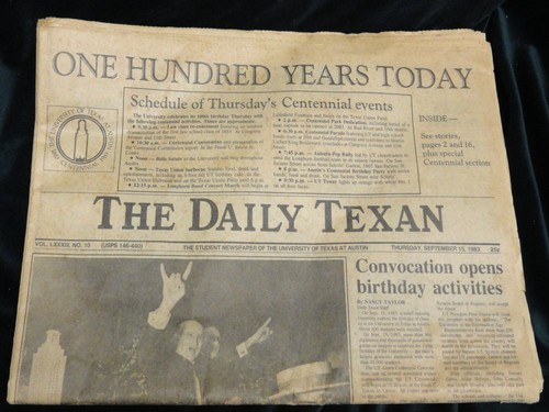 University of Texas DAILY TEXAN Newspaper 100 YEAR ANNIVERSARY Sept. 15 ...