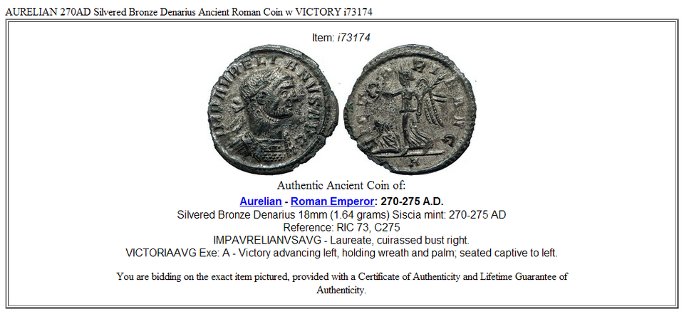 AURELIAN 270AD Silvered Bronze Denarius Ancient Roman Coin w VICTORY ...