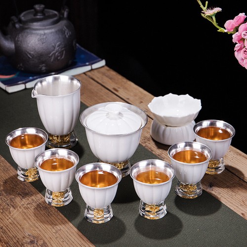 boutique tea set pure silver fat mutton jade porcelain gaiwan tea cup ...
