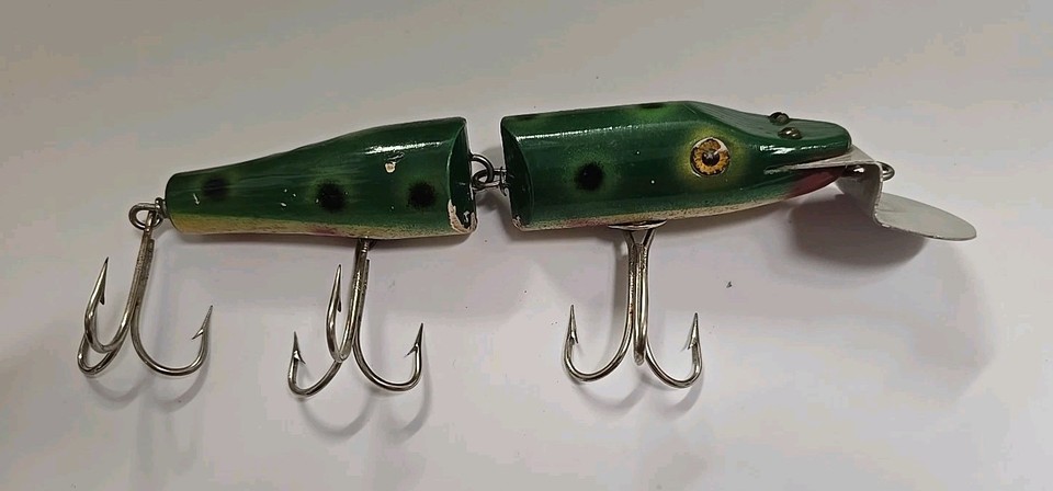 VINTAGE 7" CREEK CHUB PIKIE JOINTED WOODEN MUSKIE FISHING LURE FROG ...