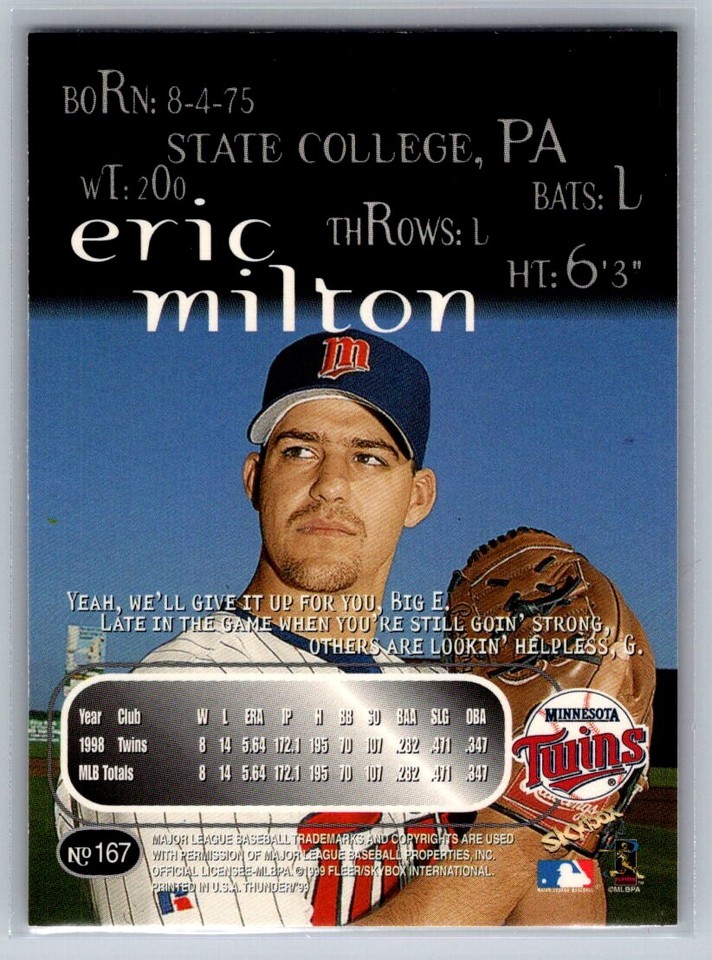 #167 Eric Milton Minnesota Twins 1999 SkyBox Thunder: Rant | eBay