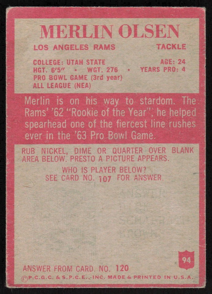 1965 Philadelphia #94 Merlin Olsen (creases) - $1 SHIPPING (JB4) | eBay