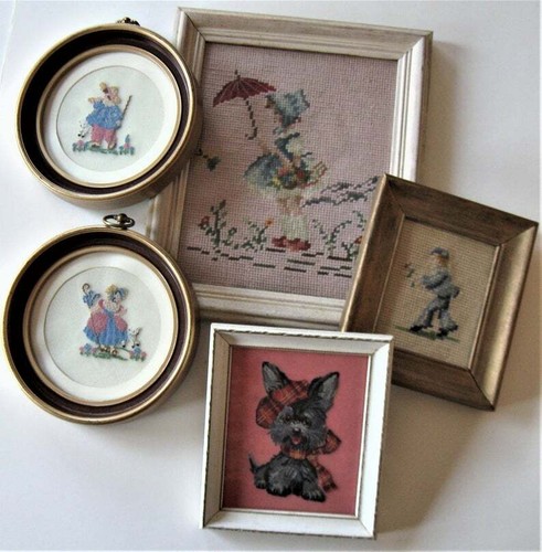 5 VTG framed needlepoint wall hangings handmade Bo Peep Nursery décor ...