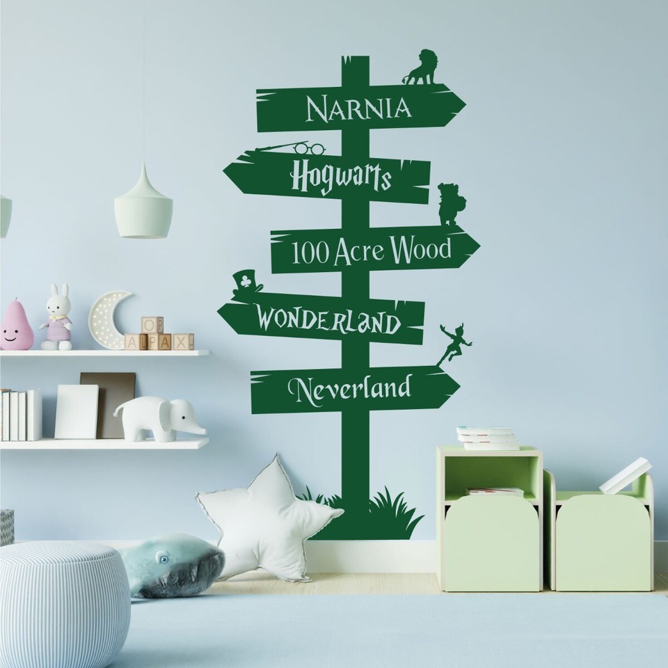 Storybook Signpost Children Wall Sticker - Narnia, Hogwarts, Neverland ...