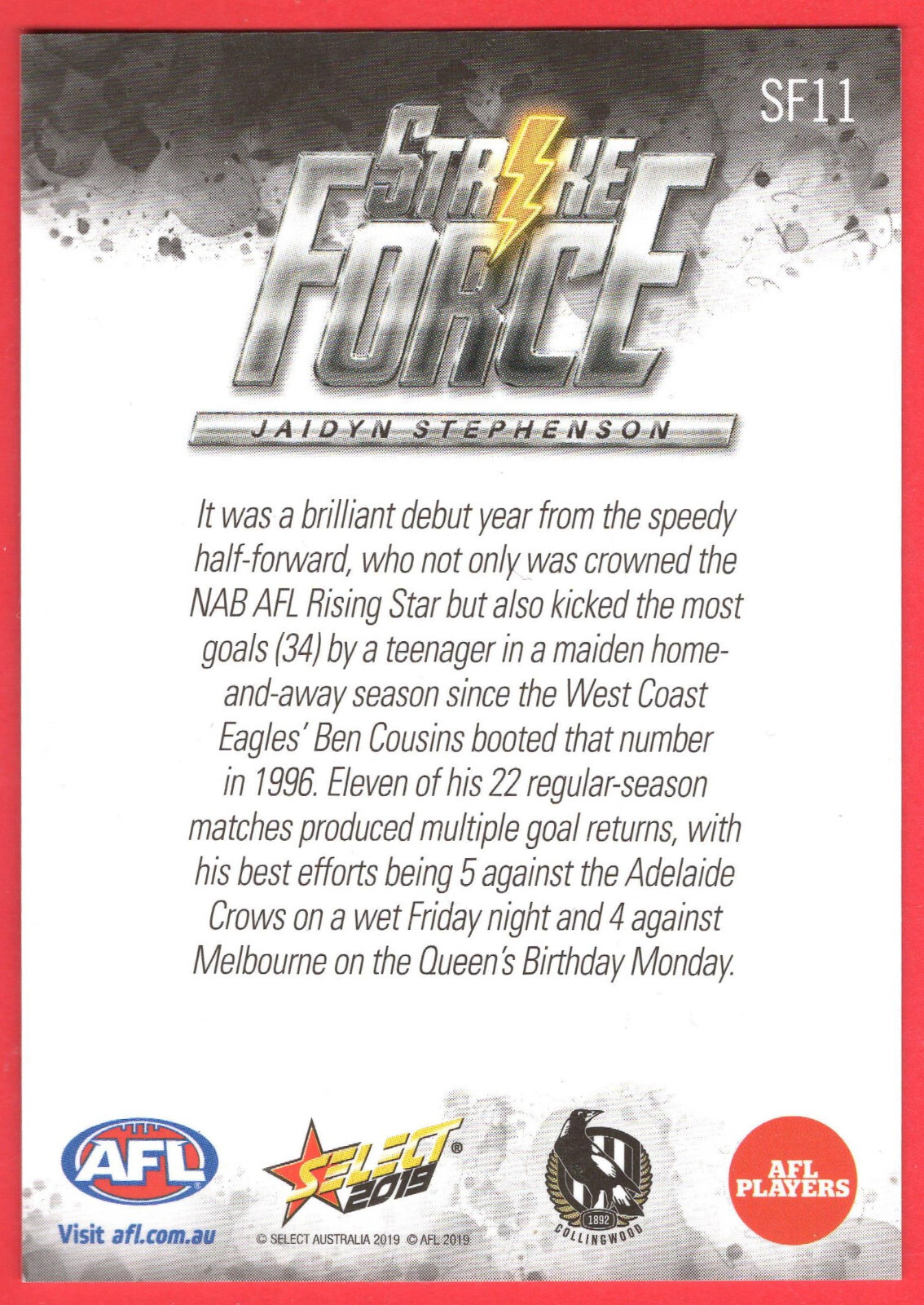 2019 AFL FOOTY STARS [STRIKE FORCE] CARD -SF11 Jaidyn STEPHENSON ...