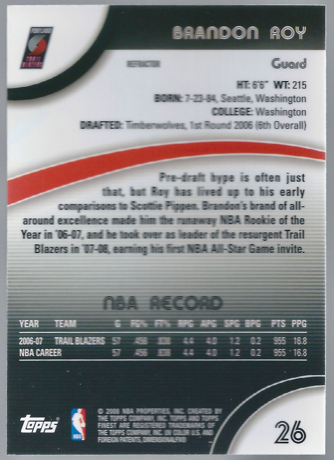 2007-08 Topps Finest - Brandon Roy #26 Refractor for sale online | eBay