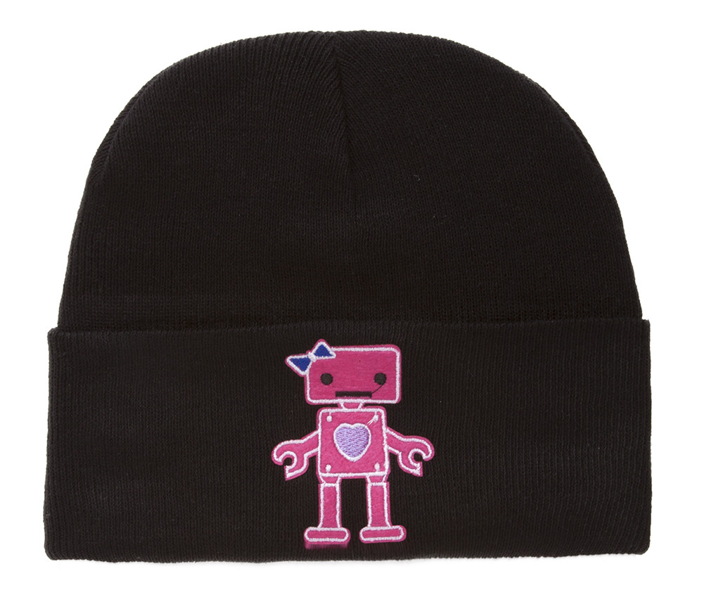 Winter Knit Cuffed Beanie Pink Robot Patch | eBay