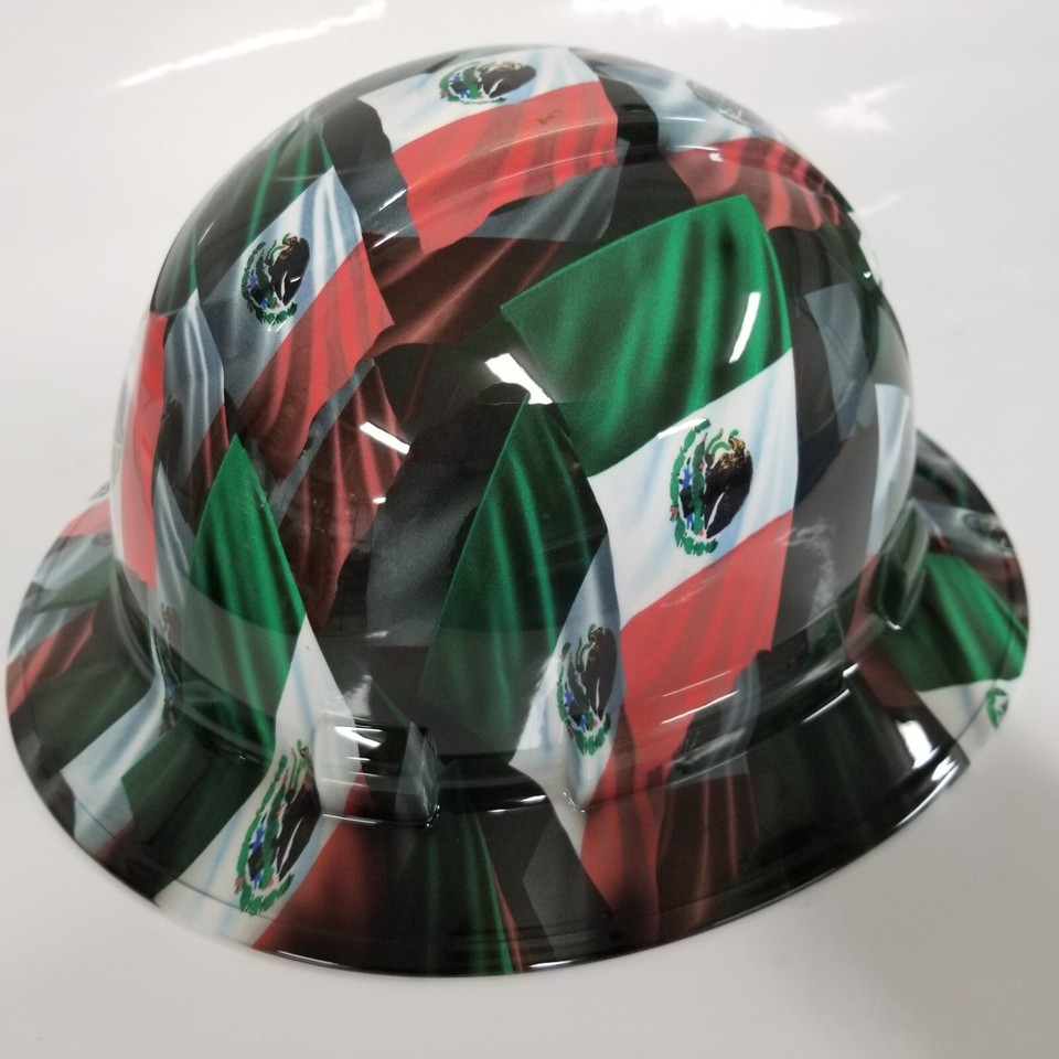 full brim hard hat custom hydro dipped IN MEXICAN FLAG ,AWESOME COLORS ...