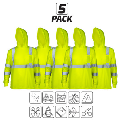 5 Hi Vis T Shirt hoodie ANSI Class 3 Type R Reflective Safety Long ...