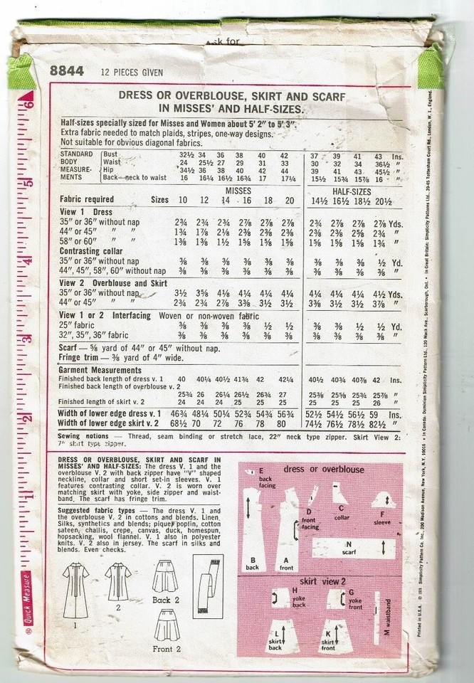 Simplicity # 8844 VTG Dress or Overblouse-Skirt & Scarf Pattern Sz 14 ...