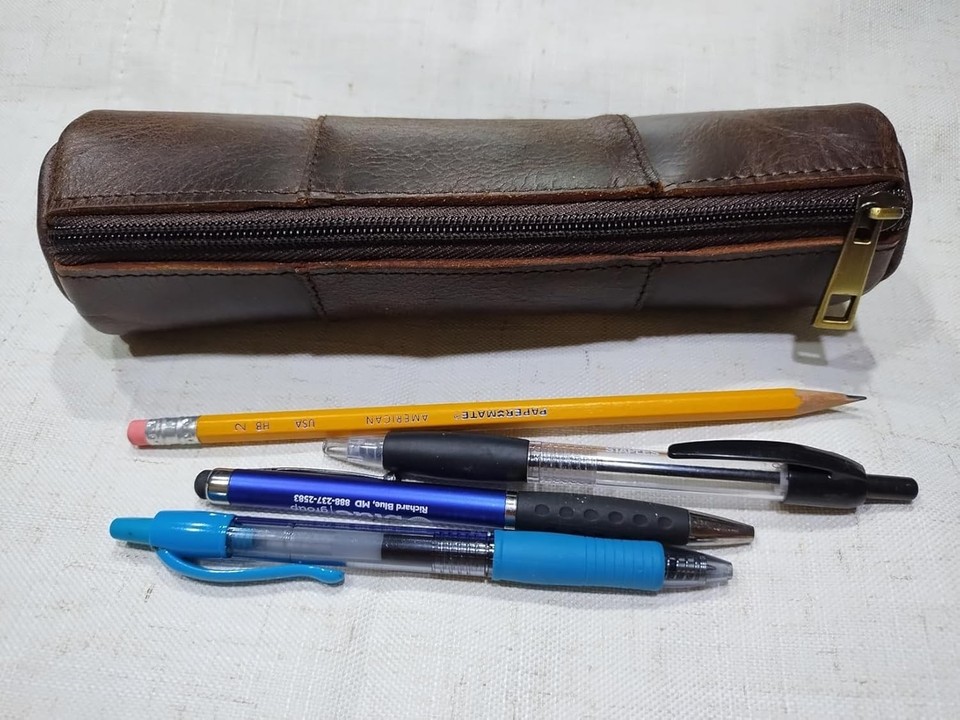 Vintage Leather Pencil Case Pouch, Full Grain Leather Zippered Pen ...